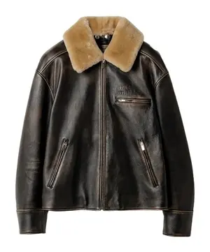 Miu Miu Distressed Nappa Leather Aviator Jacket With Shearling Collar - Black
