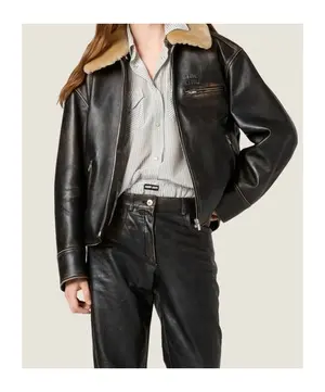 Miu Miu Distressed Nappa Leather Aviator Jacket With Shearling Collar