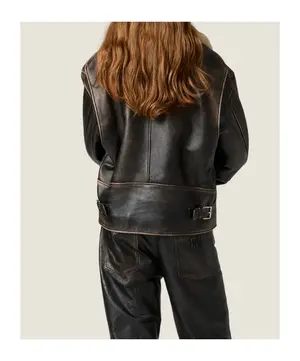 Miu Miu Distressed Nappa Leather Aviator Jacket With Shearling Collar