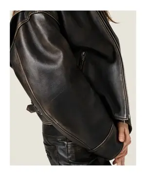 Miu Miu Distressed Nappa Leather Aviator Jacket With Shearling Collar