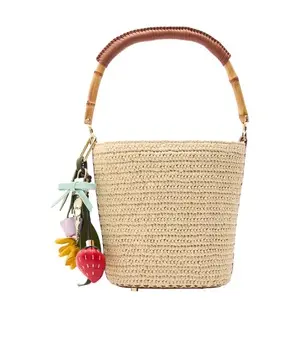 SELF-PORTRAIT Charm-embellished Leather And Raffia Bucket Bag - Nude