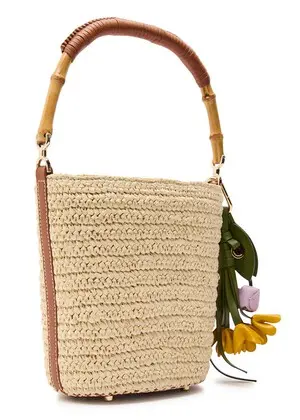 SELF-PORTRAIT Charm-embellished Leather And Raffia Bucket Bag