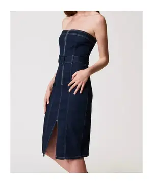 TWINSET Denim Bustier Dress With Front Zipper And Logo Detail