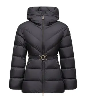 Moncler Diagonal-quilted Hooded Short Down Jacket With Logo Buckle Belt - Black