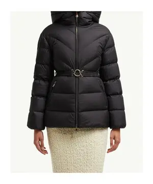 Moncler Diagonal-quilted Hooded Short Down Jacket With Logo Buckle Belt