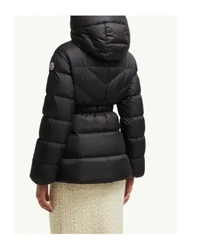 Moncler Diagonal-quilted Hooded Short Down Jacket With Logo Buckle Belt