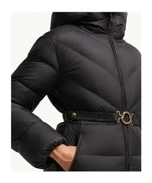 Moncler Diagonal-quilted Hooded Short Down Jacket With Logo Buckle Belt