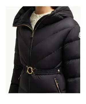 Moncler Diagonal-quilted Hooded Short Down Jacket With Logo Buckle Belt