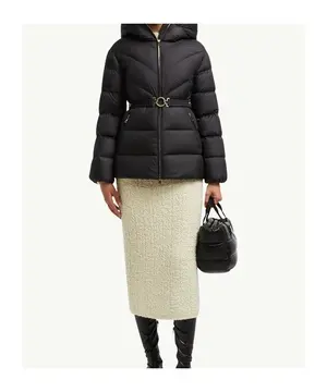 Moncler Diagonal-quilted Hooded Short Down Jacket With Logo Buckle Belt