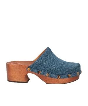 Chloé Denim Patchwork Wooden Sole Clogs - Blue
