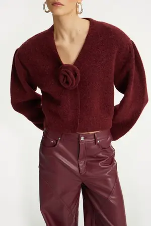 ROTATE BY BIRGER CHRISTENSEN Knitted Puff Sleeve Cardigan With Rosette Detail