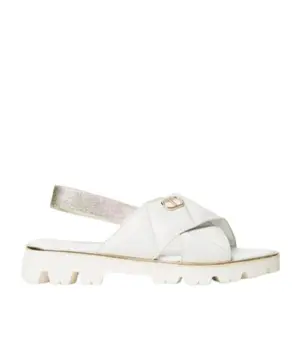 TWINSET Leather Slingback Sandals With Gold Tone Logo Plaque