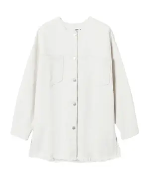 TWINSET Organic Cotton Stand Collar Jacket With Frayed Edges And Button Details - White