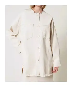 TWINSET Organic Cotton Stand Collar Jacket With Frayed Edges And Button Details - White