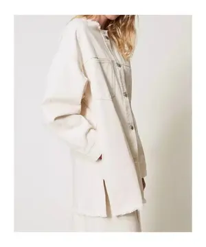 TWINSET Organic Cotton Stand Collar Jacket With Frayed Edges And Button Details - White