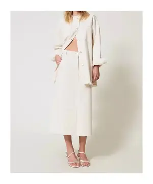 TWINSET Organic Cotton Stand Collar Jacket With Frayed Edges And Button Details - White