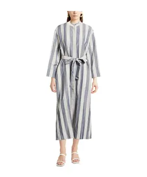 Max Mara Striped Mandarin Collar Long Sleeve Belted Dress