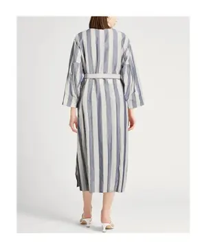 Max Mara Striped Mandarin Collar Long Sleeve Belted Dress