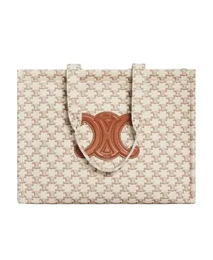 Celine Large Cabas Thais In Textile With Triomphe Canvas Print And Calfskin - White