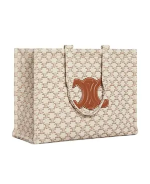 Celine Large Cabas Thais Textile And Calfskin Tote With Triomphe Canvas Print - White