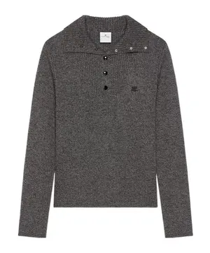 COURREGES Ribbed-knit Polo Top - Black/gray