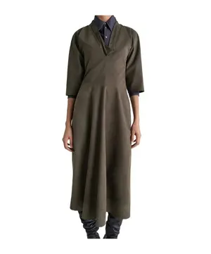 LEMAIRE V-neck Three-quarter Sleeve Midi Dress - Deep Khaki