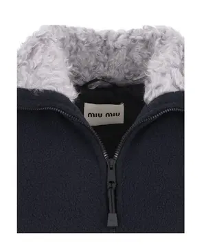 Miu Miu Fleece Down Jacket With Embroidered Logo - Navy Blue