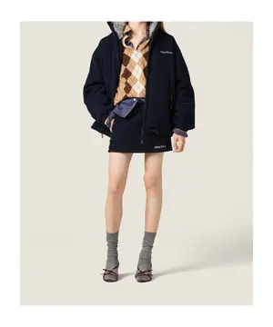 Miu Miu Fleece Down Jacket With Embroidered Logo - Navy Blue