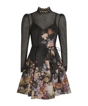 Zimmermann Floralprint Linen And Silkblend Mini Dress - Black