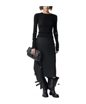 ANN DEMEULEMEESTER Merino Wool Ribbed Knit Crew Neck Long Sleeve Top With Cutout Details