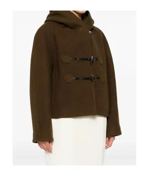 LOW CLASSIC Wool Blend Single-breasted Short Coat With Hood - Black