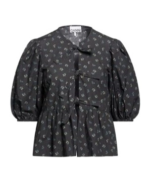 GANNI Floral Puff Sleeve Cropped Top - Black