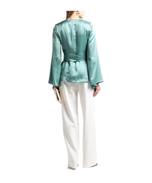 Max Mara Satin V-neck Top With Belted Waist And Flared Sleeves