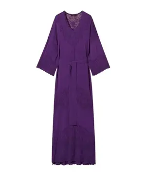 TWINSET Belted V-neck Maxi Dress With Sheer Lace Detailing And Side Slit - Purple