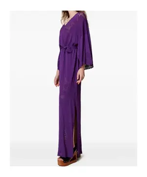 TWINSET Belted V-neck Maxi Dress With Sheer Lace Detailing And Side Slit