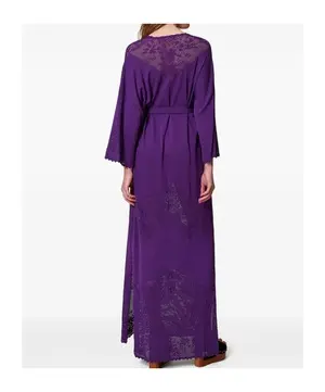 TWINSET Belted V-neck Maxi Dress With Sheer Lace Detailing And Side Slit