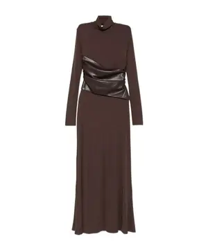 Nanushka Dark Brown High-neck Maxi Dress With Faux Leather Detail - Green