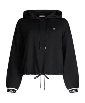Liu Jo Lurex Jersey Drawstring Hoodie With Metal Logo Detail - Black