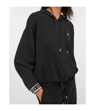 Liu Jo Lurex Jersey Drawstring Hoodie With Metal Logo Detail - Black