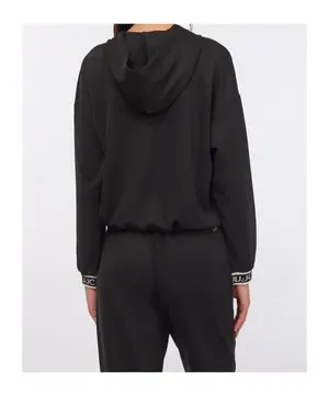 Liu Jo Lurex Jersey Drawstring Hoodie With Metal Logo Detail - Black
