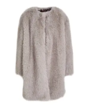 Max Mara Round Neck Faux Fur Coat - Gray