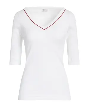 Brunello Cucinelli V-neck Ribbed Elbow-sleeve Top With Red Trim - White