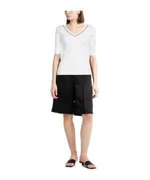 Brunello Cucinelli V-neck Ribbed Elbow-sleeve Top With Red Trim - White