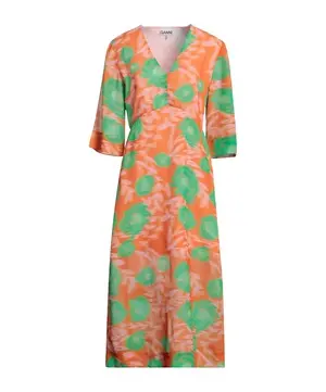 GANNI Flared Crepe Midi Dress With V-neck And 3/4 Sleeves