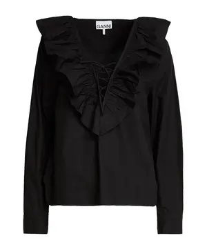 GANNI Solid-color Long-sleeve Ruched Top - Black