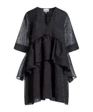 GANNI Deep V-neck Short-sleeve Pleated Flared Skirt - Black