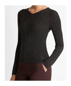 Vince Long Sleeve Ribbed V-neck Top - Black