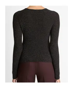 Vince Long Sleeve Ribbed V-neck Top - Black