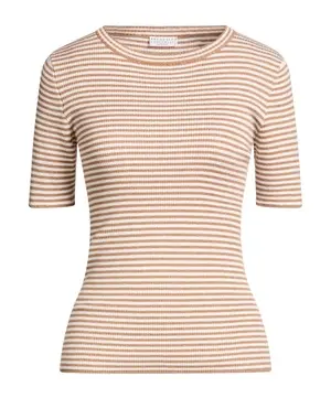 Brunello Cucinelli Striped Metallic Ribbed-knit Short-sleeve Top - Nude