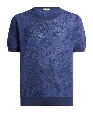 Etro Knit Cotton T-shirt With Floral Paisley Motif - Blue